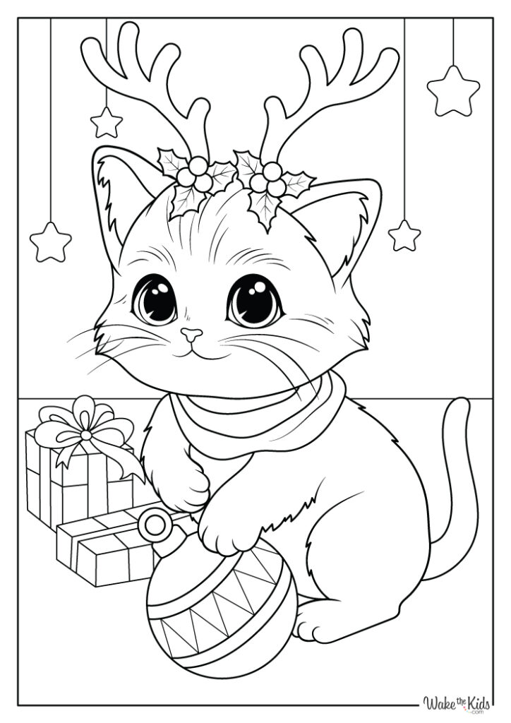 Christmas Cat Coloring Pages (Free Printable PDFs) | WakeTheKids