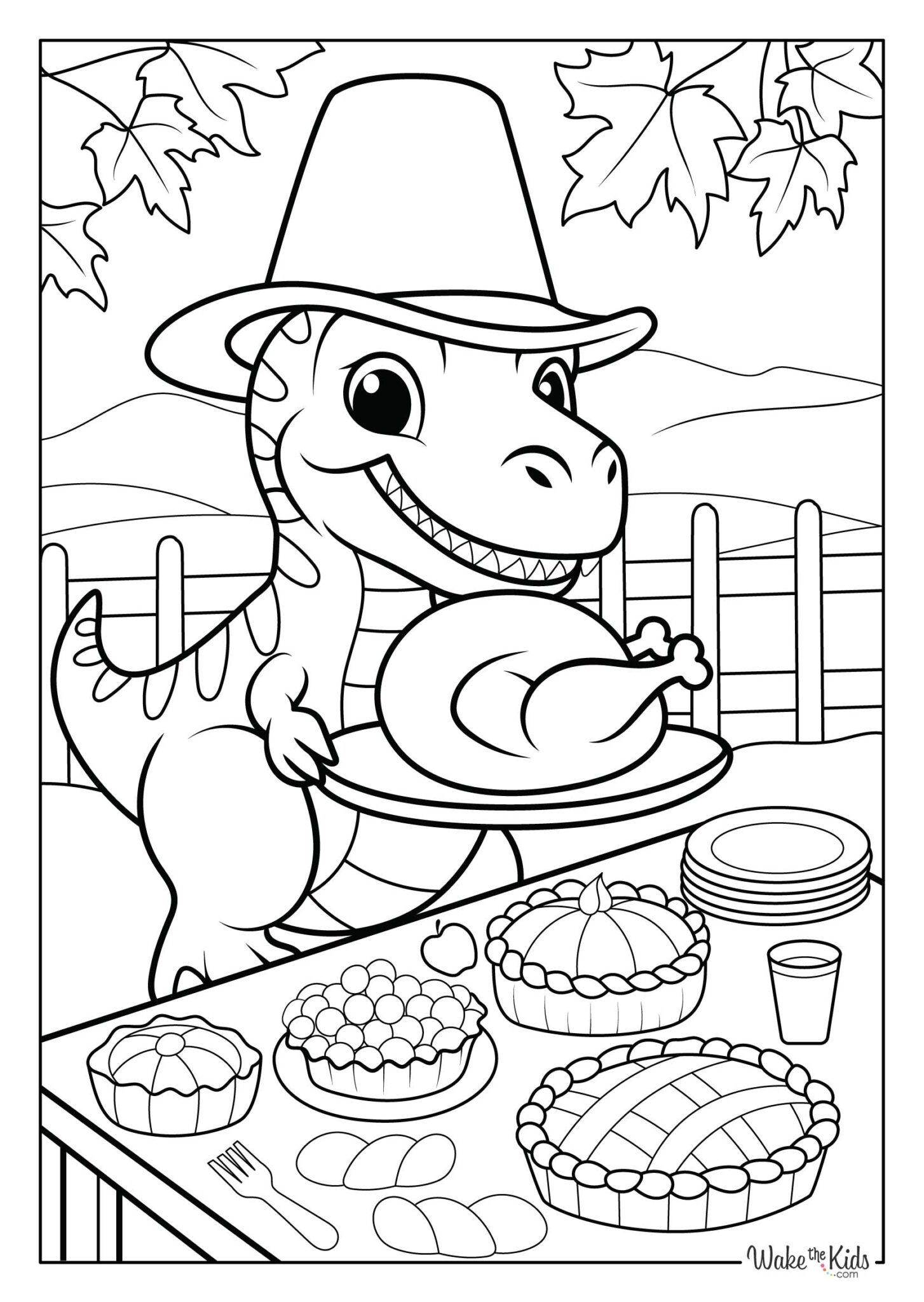Dinosaur Thanksgiving Coloring Pages (Free Printable PDFs) | WakeTheKids